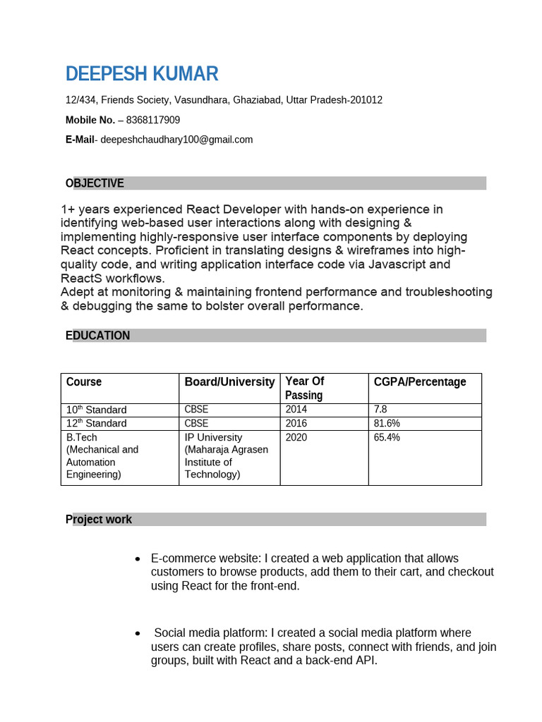 React Developer Resume - Deepesh Kumar | PDF | Mobile App | Web Application