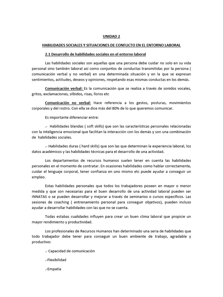 TEMA 2. HABILIDADES SOCIALES Y SITUACIONES DE CONFLICTO EN EL ENTORNO LABORAL. conflicto en el ...
