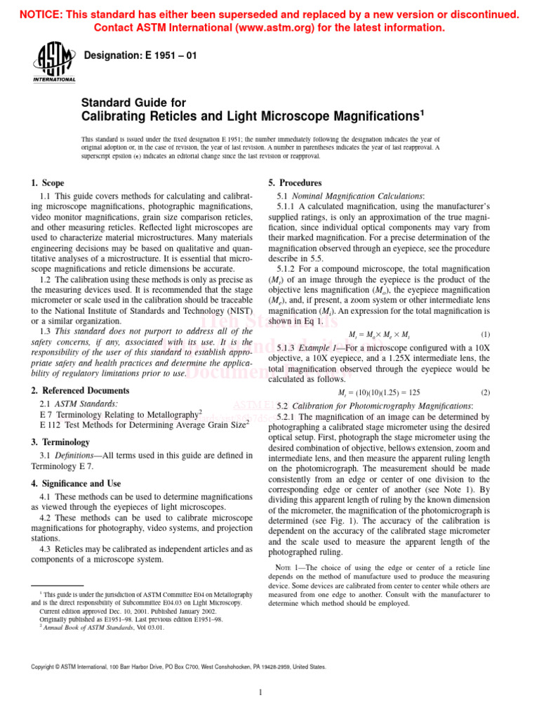 ASTM-E1951-01 Calibrating Reticles and Light Microscope Magnifications1 ... ASTM-E1951-01 Calibrating Reticles and Light Microscope Magnifications1 ...