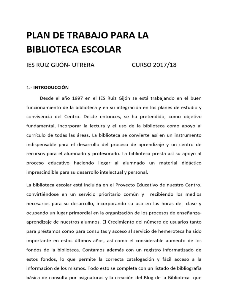 Plan de Trabajo - Biblioteca Escolar | Descargar gratis PDF ...