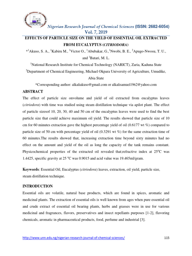Particle Size Effects on Eucalyptus Oil Yield | PDF | Essential Oil ...