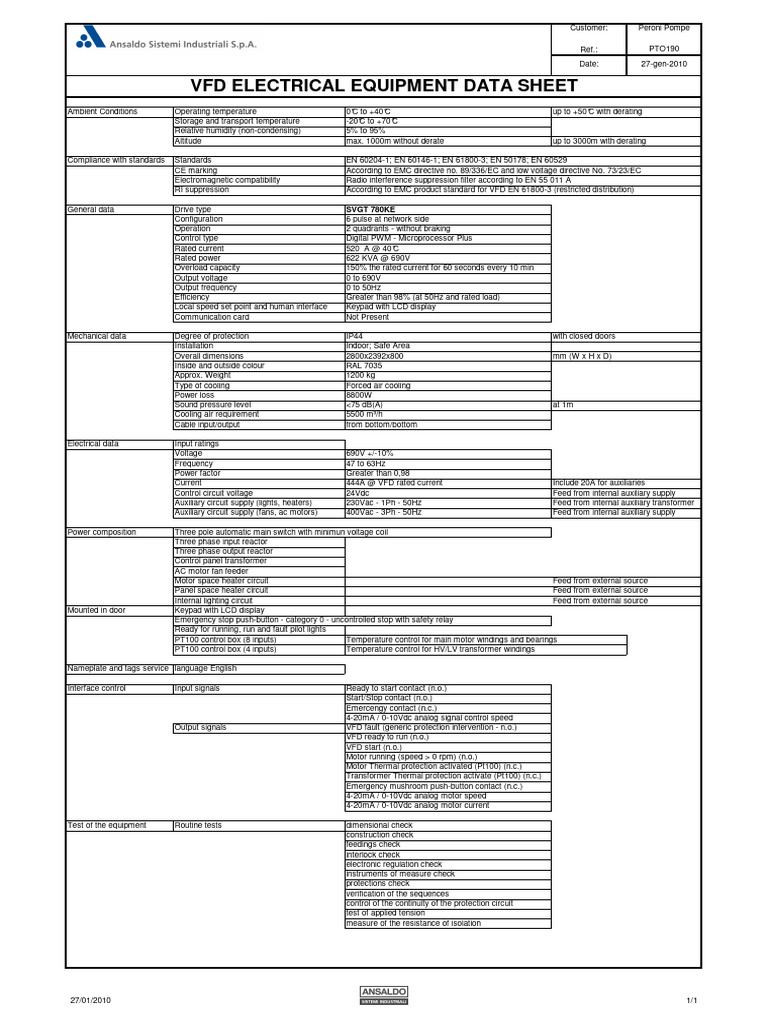 Esempio VFD Cabinet Data Sheet vfd | PDF | Electromagnetic Compatibility | Physical Quantities