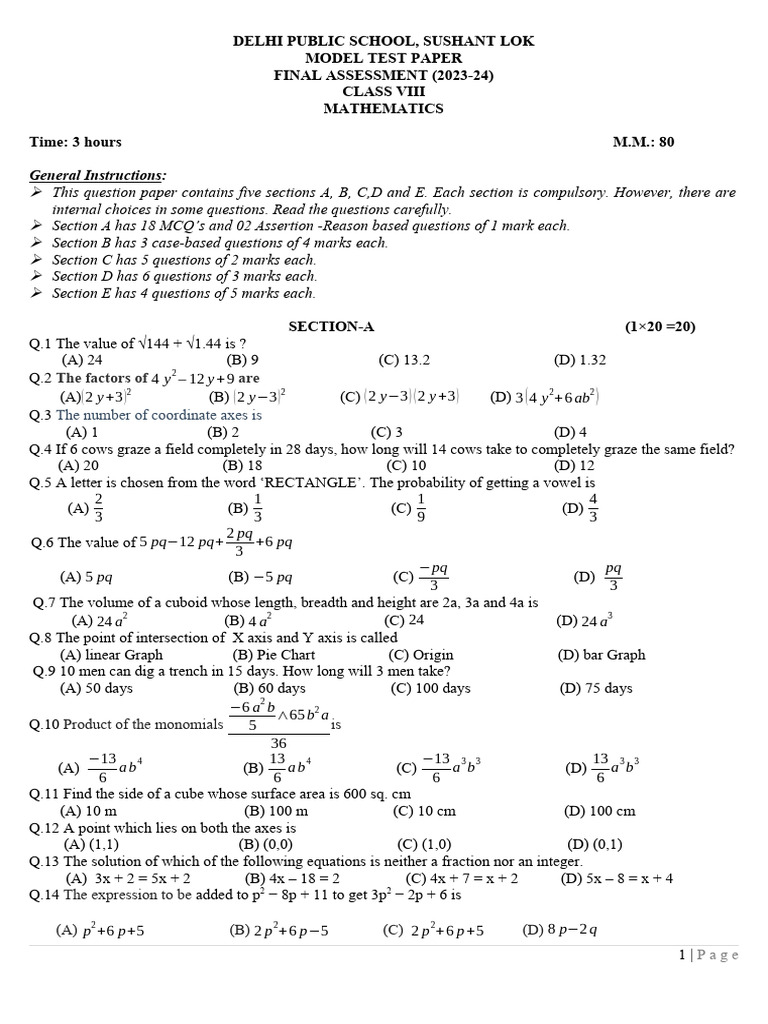 Class 8 Math Final Exam Paper | PDF | Area | Mathematics