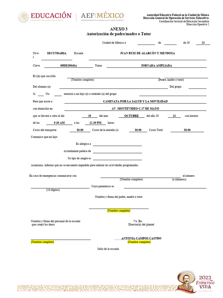 Formato ANEXO 3 AUTORIZACION DE PADRE MADRE O TUTOR SALIDAS ESCOLARES | PDF