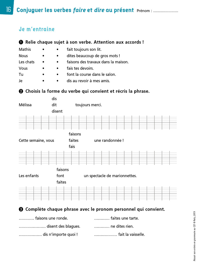 Faire Et Dire Au Présent Exercices | PDF | Phrase | Grammaire