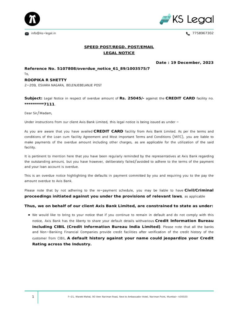 Axis Bank Legal Notice for Overdue Payment | PDF | Credit | Finance ...