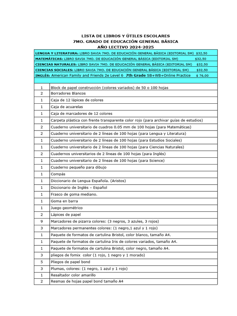 7mo Lista de Libros y Útiles Escolares 2024-2025 | PDF