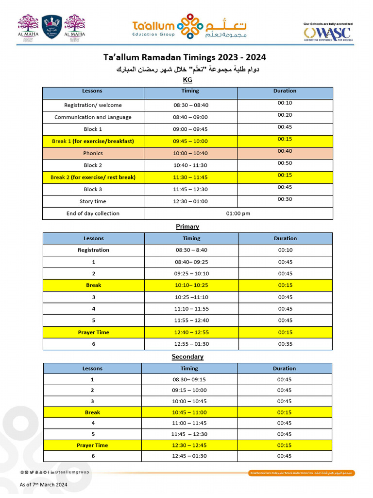 Taallum Ramadan Timings 2023 2024 v1 | PDF