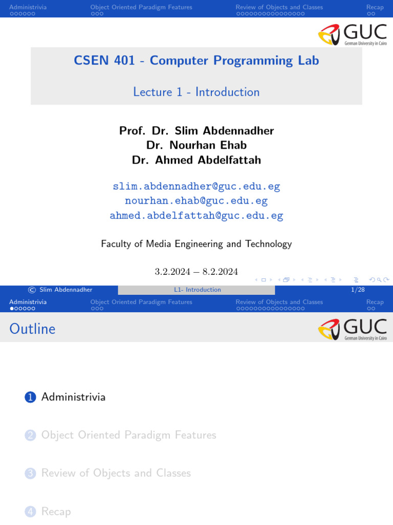 Csen401 Lecture 1 Pdf Programming Constructor Object Oriented Programming 5366