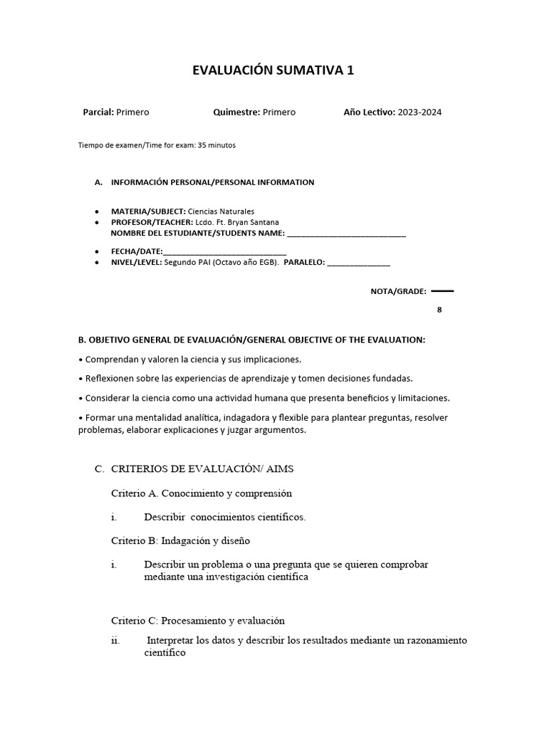EVALUACIÓN SUMATIVA 1 - 2pai Ciencias | PDF | Evaluación | Science