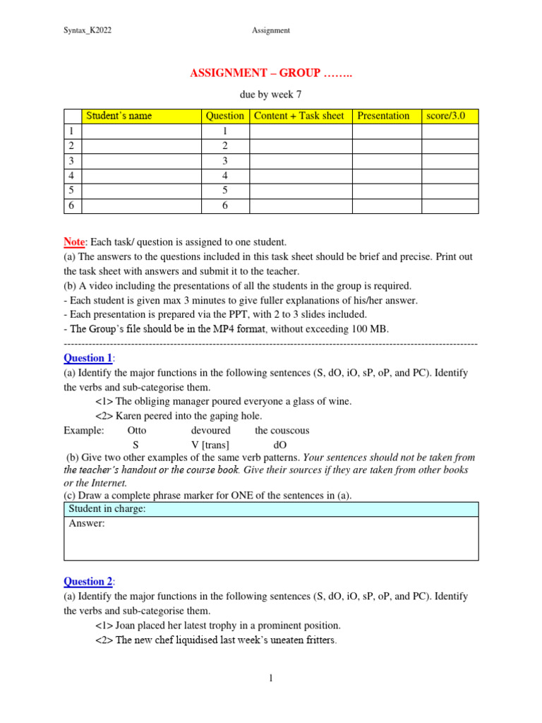 Assignment (Syntax K2022) | PDF | Phrase | Linguistic Morphology