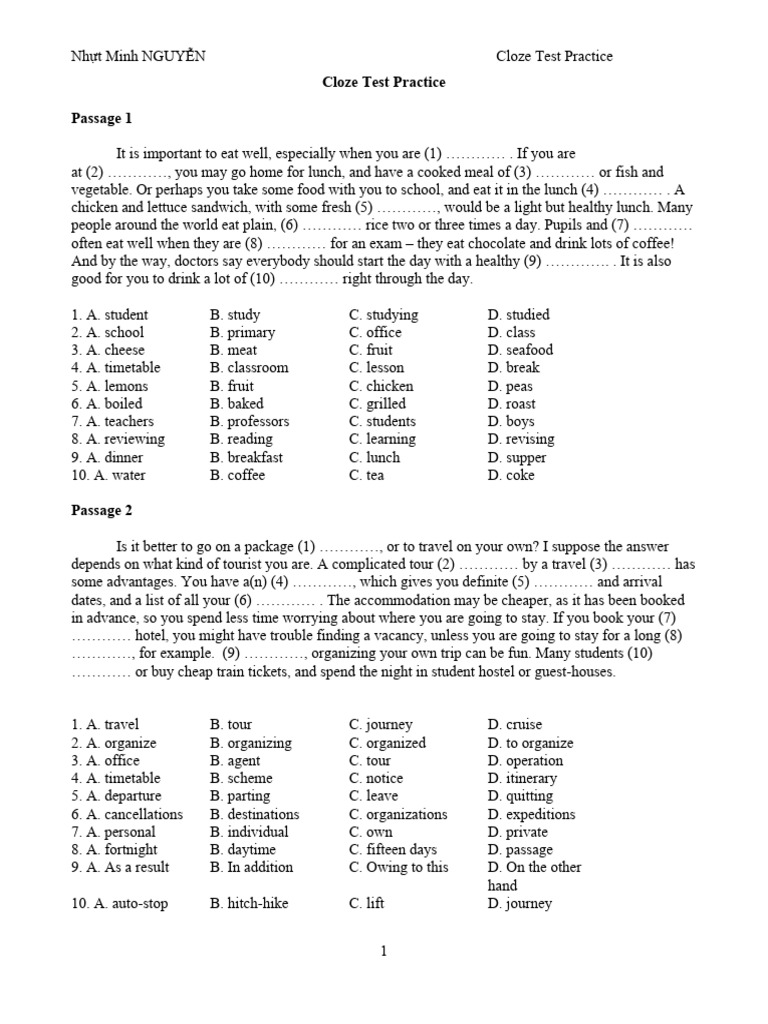 Cloze Tests | Download Free PDF | Lunch