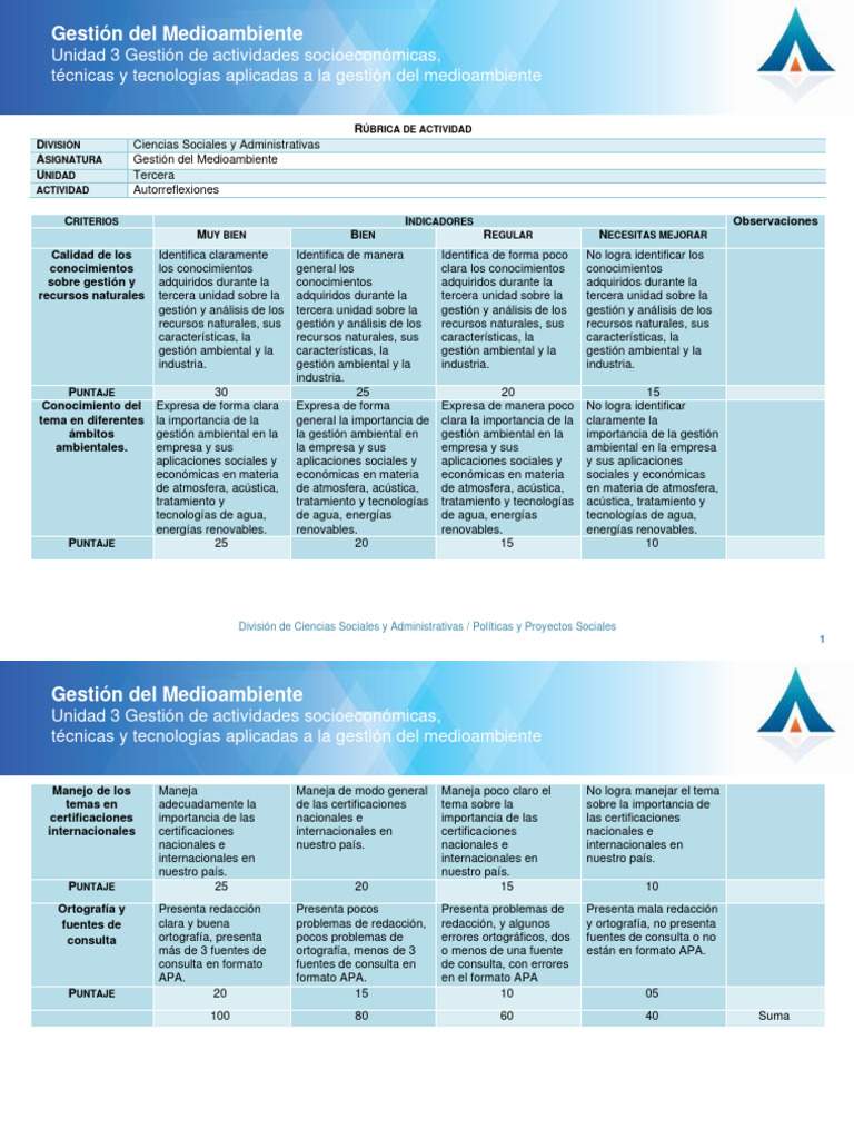 Rubrica de Evaluaci N 3a Unidad B1-2024-1 | PDF | Entorno natural | Business