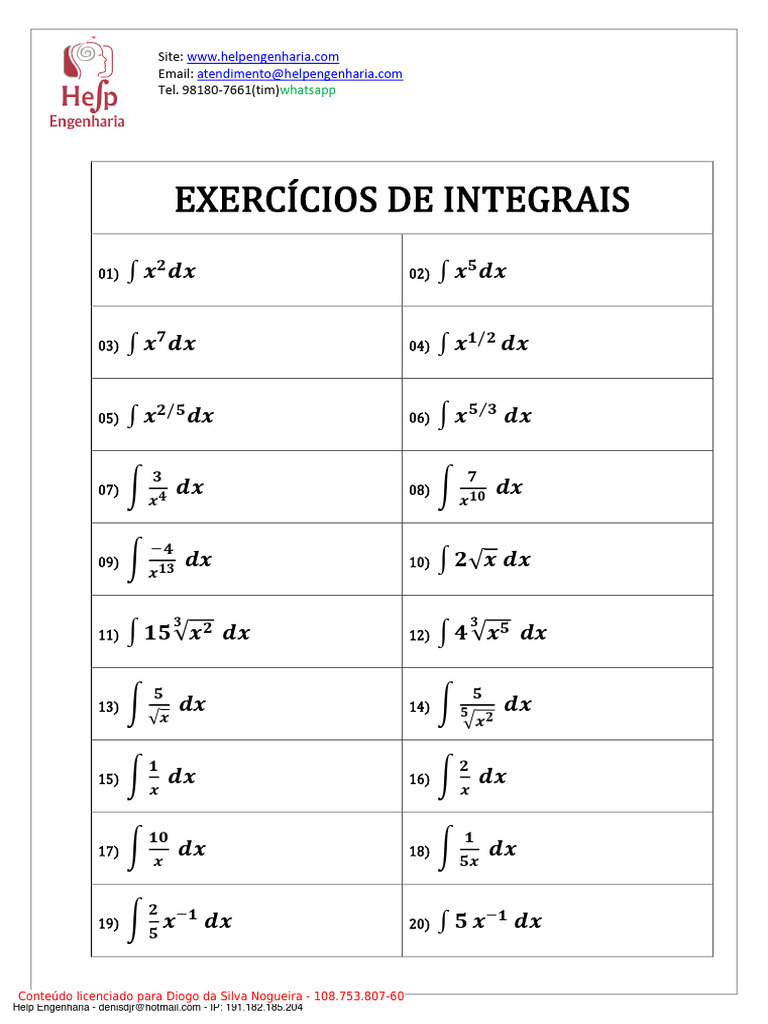 Exercícios e Respostas de Integrais | PDF | Métodos e Materiais de ...