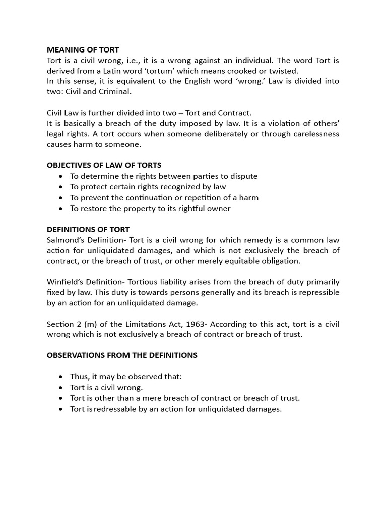 Law of Torts Notes | PDF | Tort | Defamation