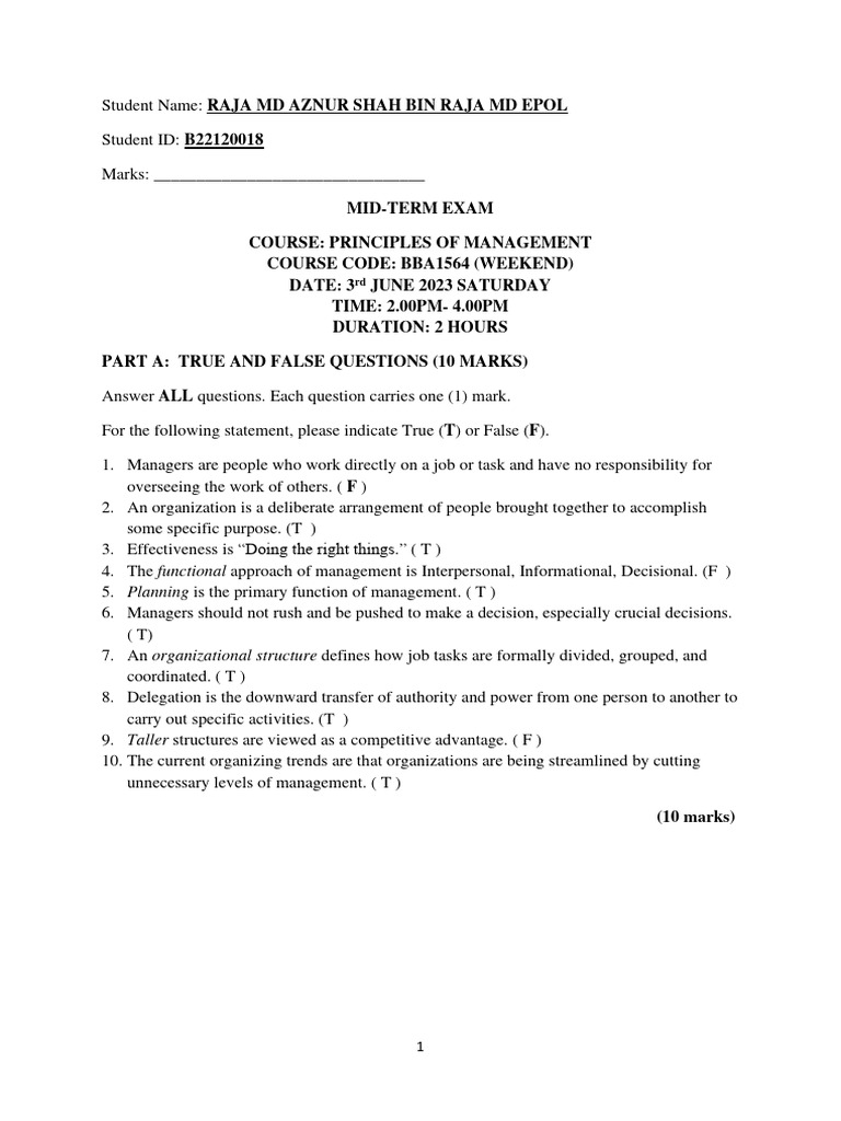 Principles of Management Midterm Exam | PDF | Decision Making ...