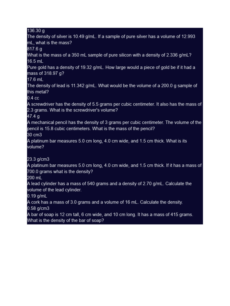 Density and Mass Calculation Practice | PDF | Art | Poetry