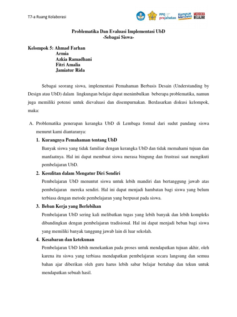 T7-A Ruang Kolaborasi - PPK Kelompok 5 - Problematika Dan Evaluasi Implementasi UbD | PDF