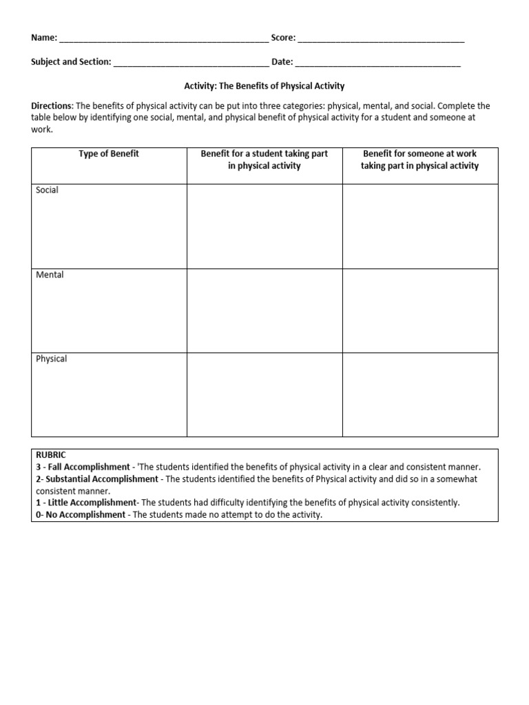 Benefits of Physical Activity Worksheet | PDF | Career & Growth