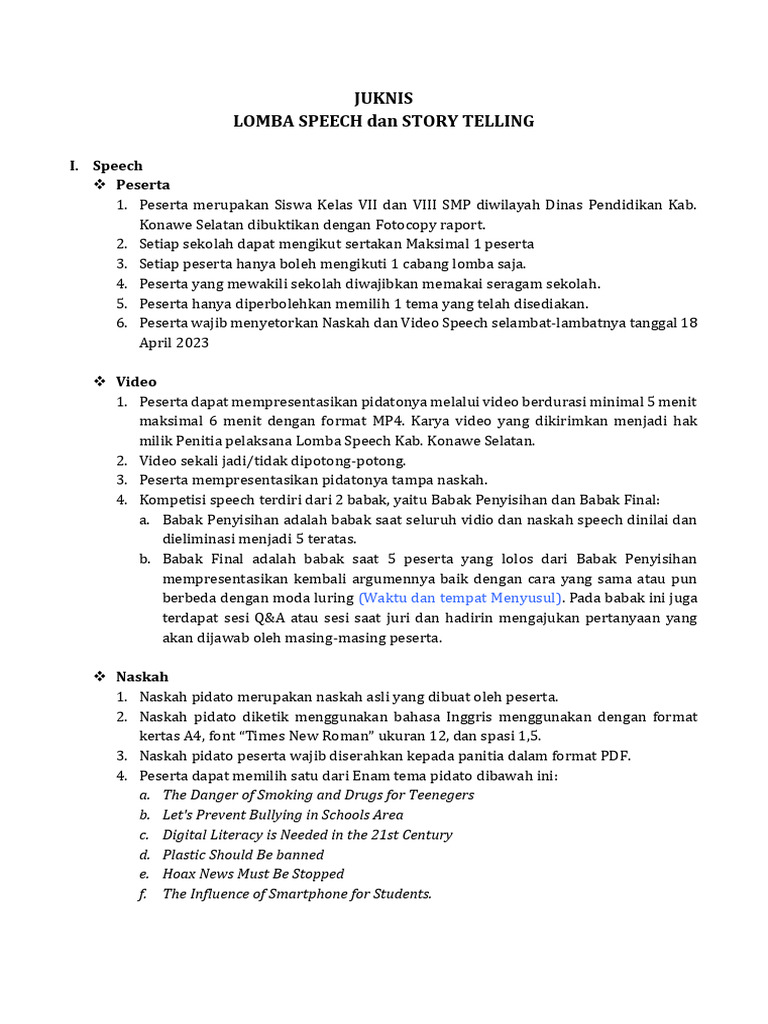 JUKNIS LOMBA SPEECH Dan STORY TELLING | PDF