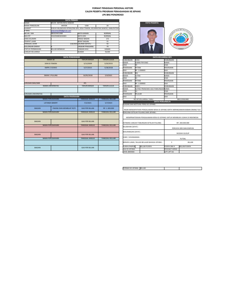 Form Isian CV MUCH. ANTON RIFAI ANWAR C33 | PDF
