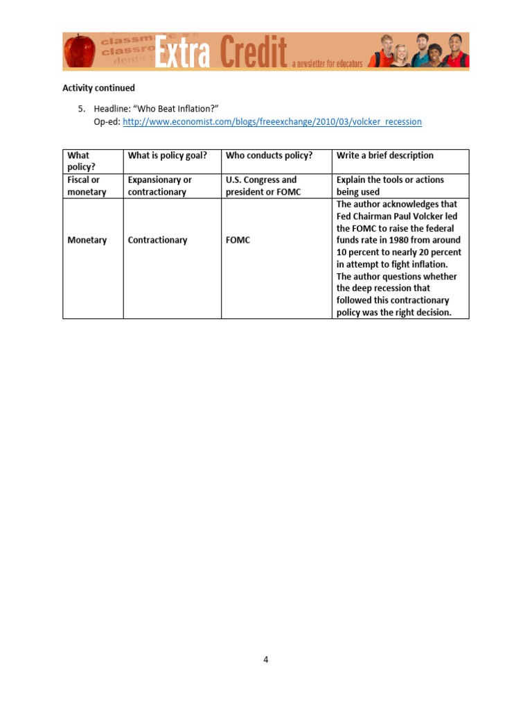 Fiscal and Monetary Policy Infographic 4 Answer Key | PDF