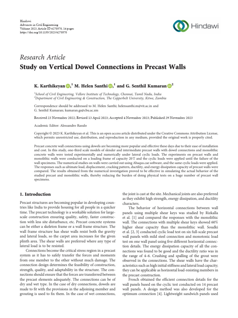 Study On Vertical Dowel Connections in Precast Walls | PDF | Strength ...