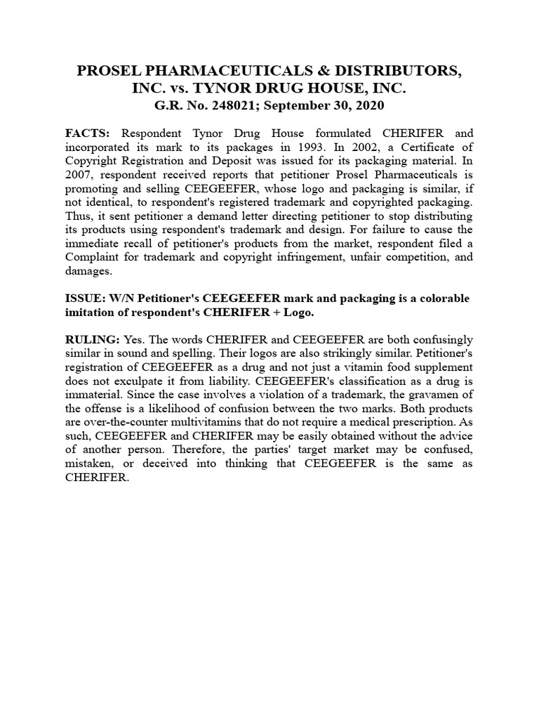04 Prosel Pharmaceuticals vs. Tynor Drug House | PDF | Law