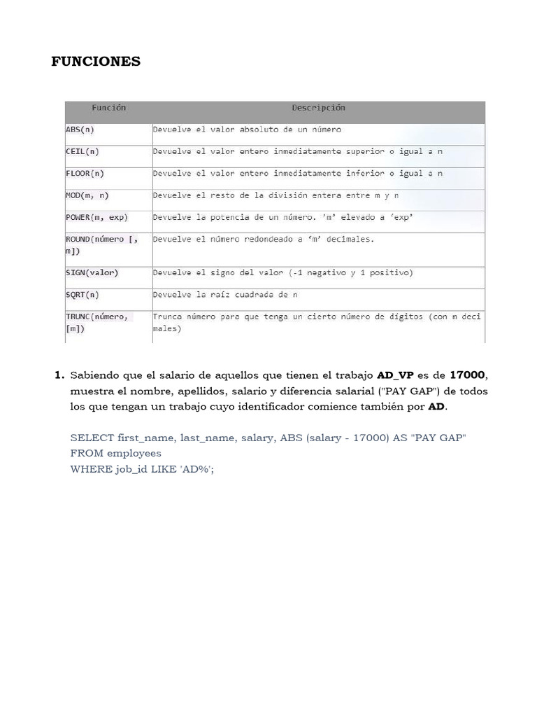 Ejercicios Bases de Datos - Funciones | PDF