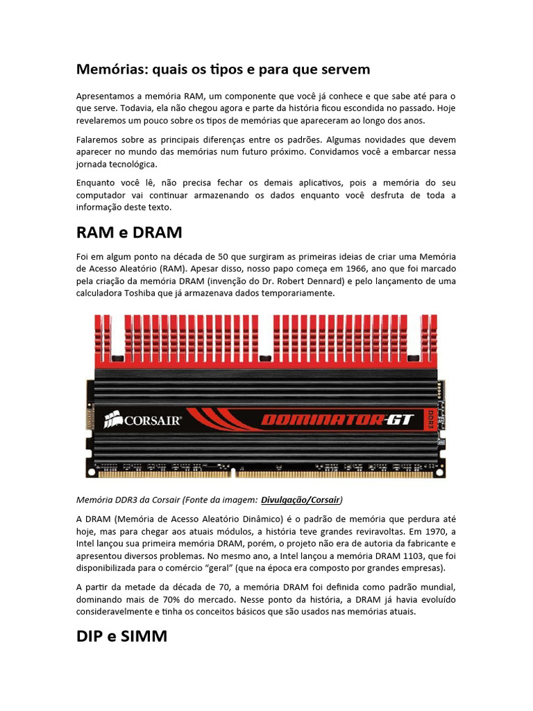 Memória Ram | PDF | Memória de acesso aleatório (RAM) | Armazenamento de dados de computador