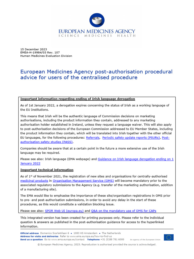 European Medicines Agency Post Authorisation Procedural Advice Users ...