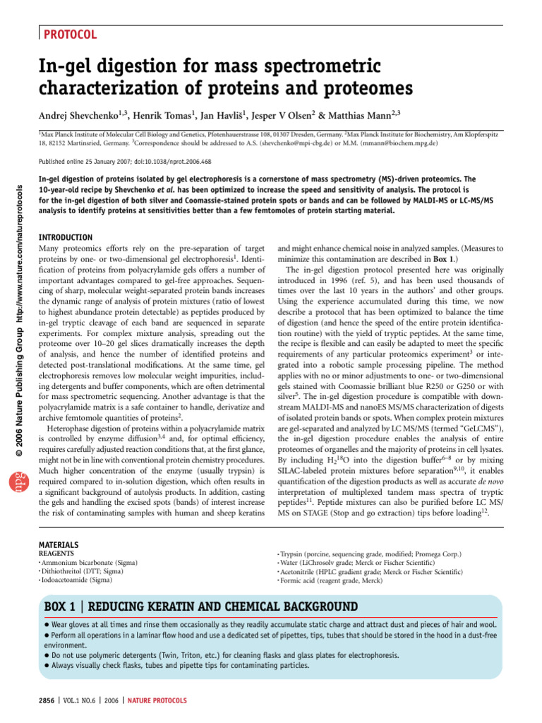 In-Gel Digestion For MS of Proteomes.2006.468 | PDF | Gel ...