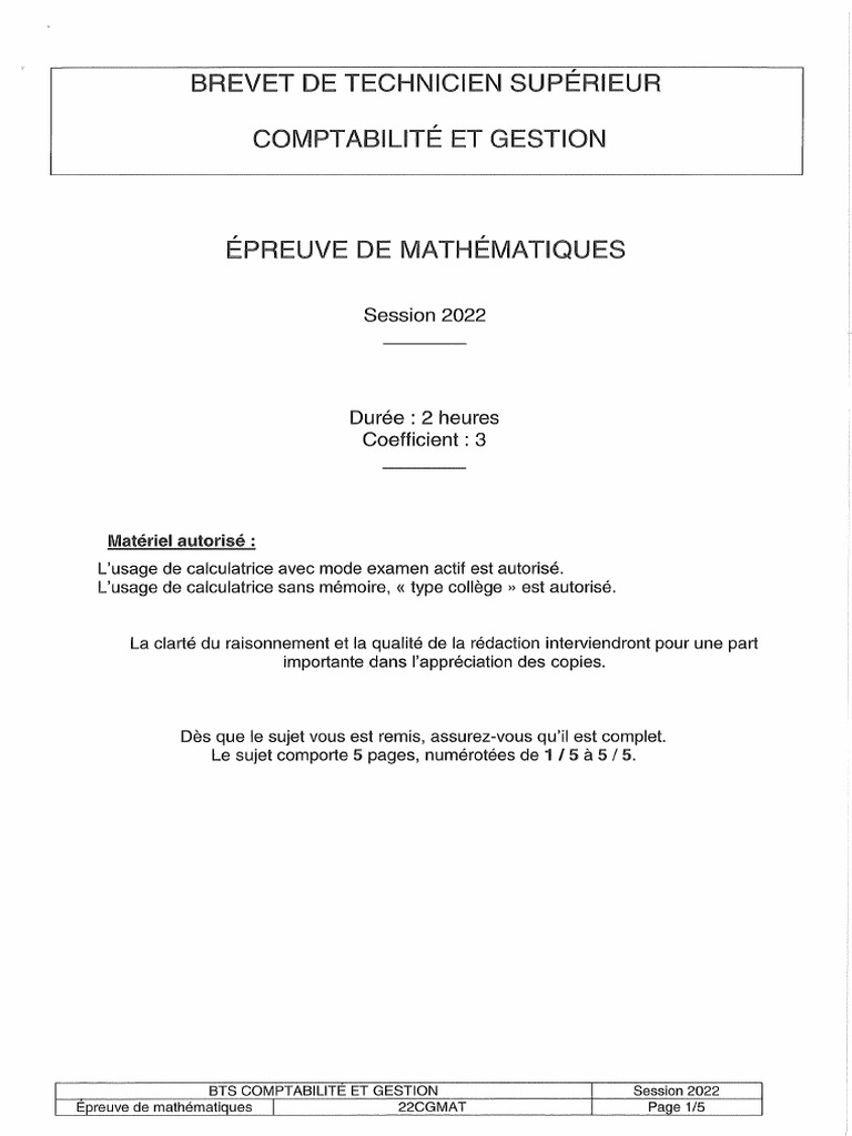 Bts CG 2022 Epreuve E2 Mathmatiques | PDF