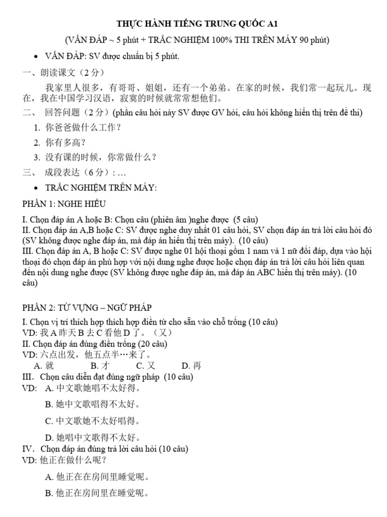 Hình thức, cấu trúc đề thi A1, B1 | PDF