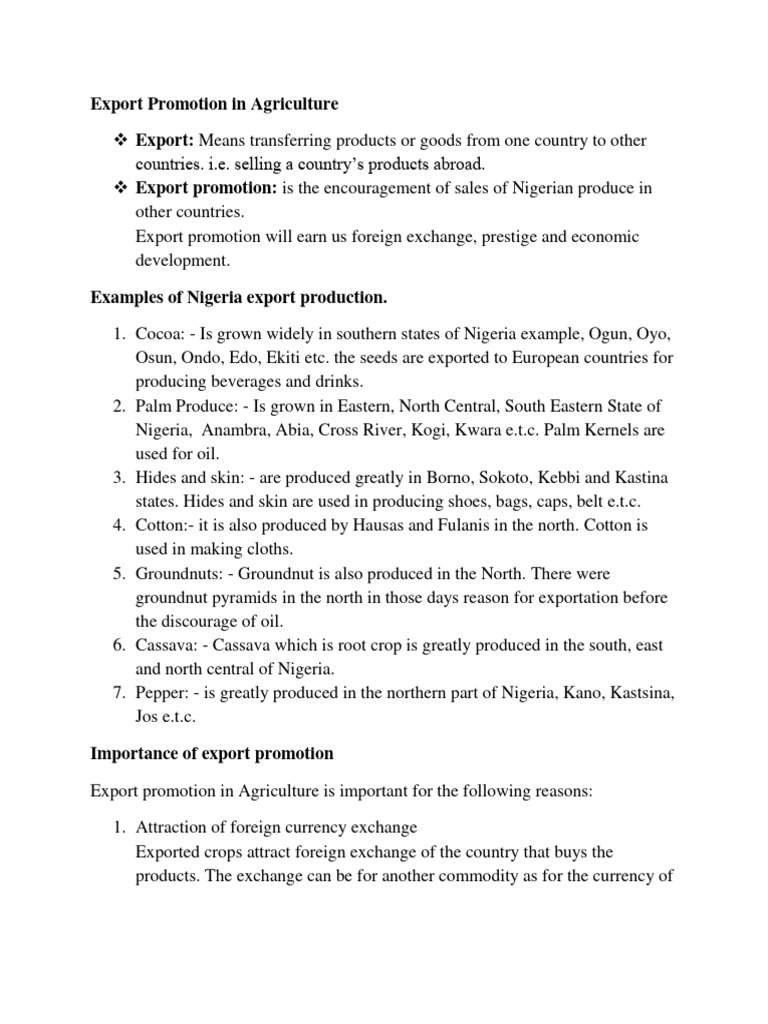 Importance of Export Promotion in Agriculture | PDF | Nigeria | Exports