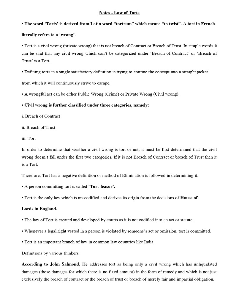 Tort Notes | PDF | Tort | Damages