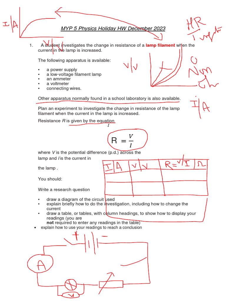 MYP 5 Physics Holiday HW December 2023: Lamp Filament | PDF | Length ...