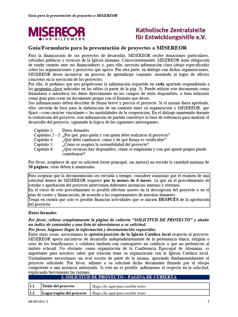Guia para la presentacion de proyectos a MISEREOR | PDF | Planificación ...