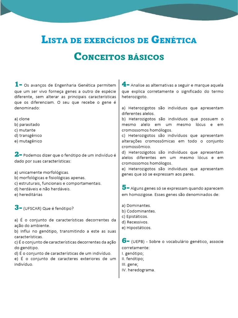 Lista de Exercícios de Introdução À Genética - Conceitos Básicos | PDF ... Lista de Exercícios de Introdução À Genética - Conceitos Básicos | PDF ...