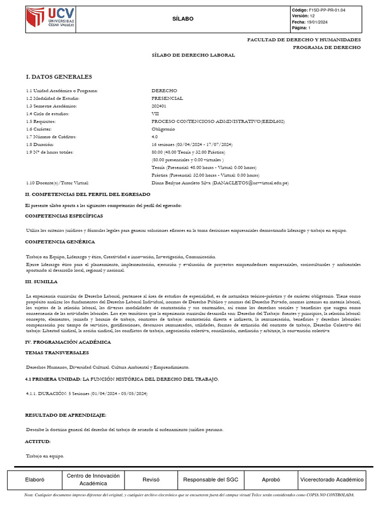 Sílabo de Derecho Laboral | PDF | Derecho laboral | Justicia