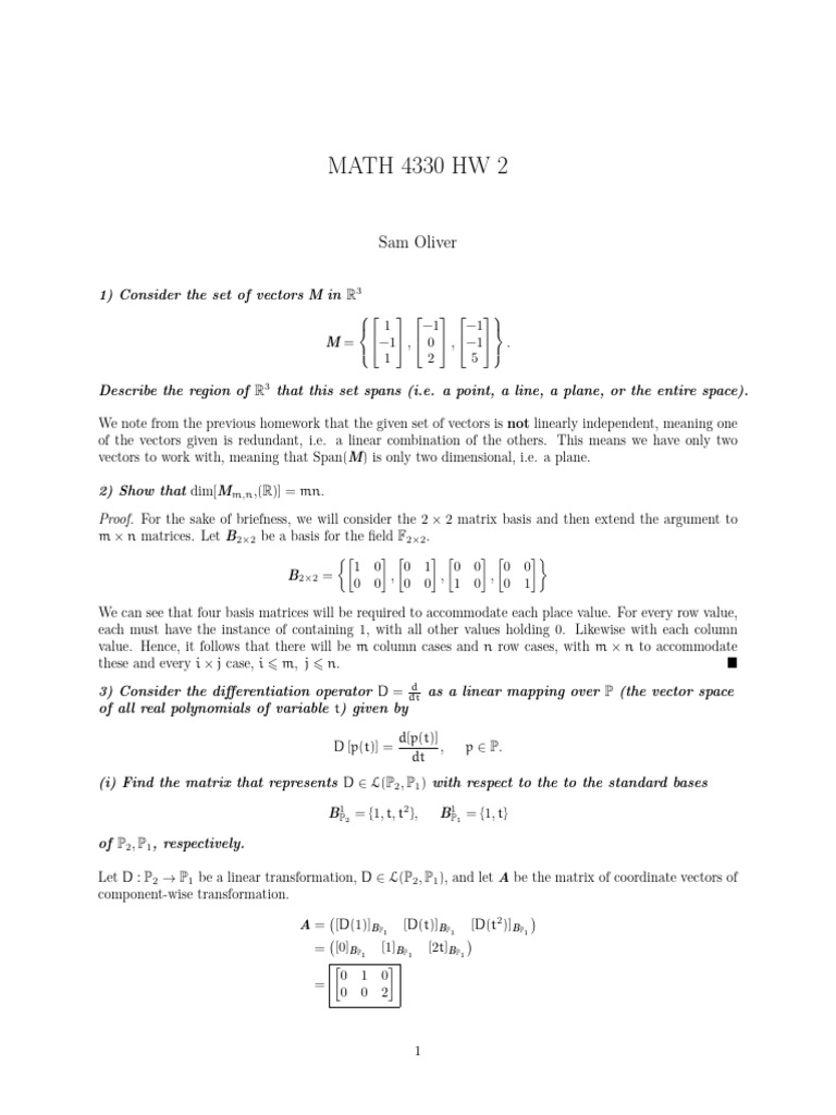 MATH 4330 HW 2 Corrected | PDF | Linear Map | Basis (Linear Algebra)