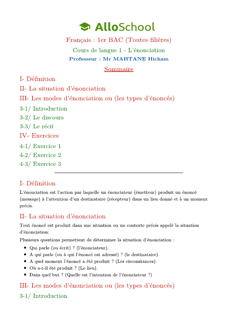 Cours de Langue 1 L Enonciation | PDF