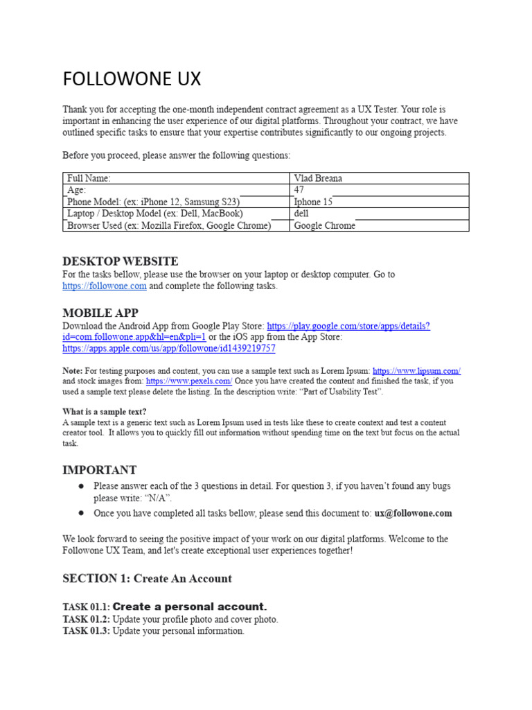 FOLLOWONE UX - Tasks Document - 1 | PDF | Mobile App | I Phone