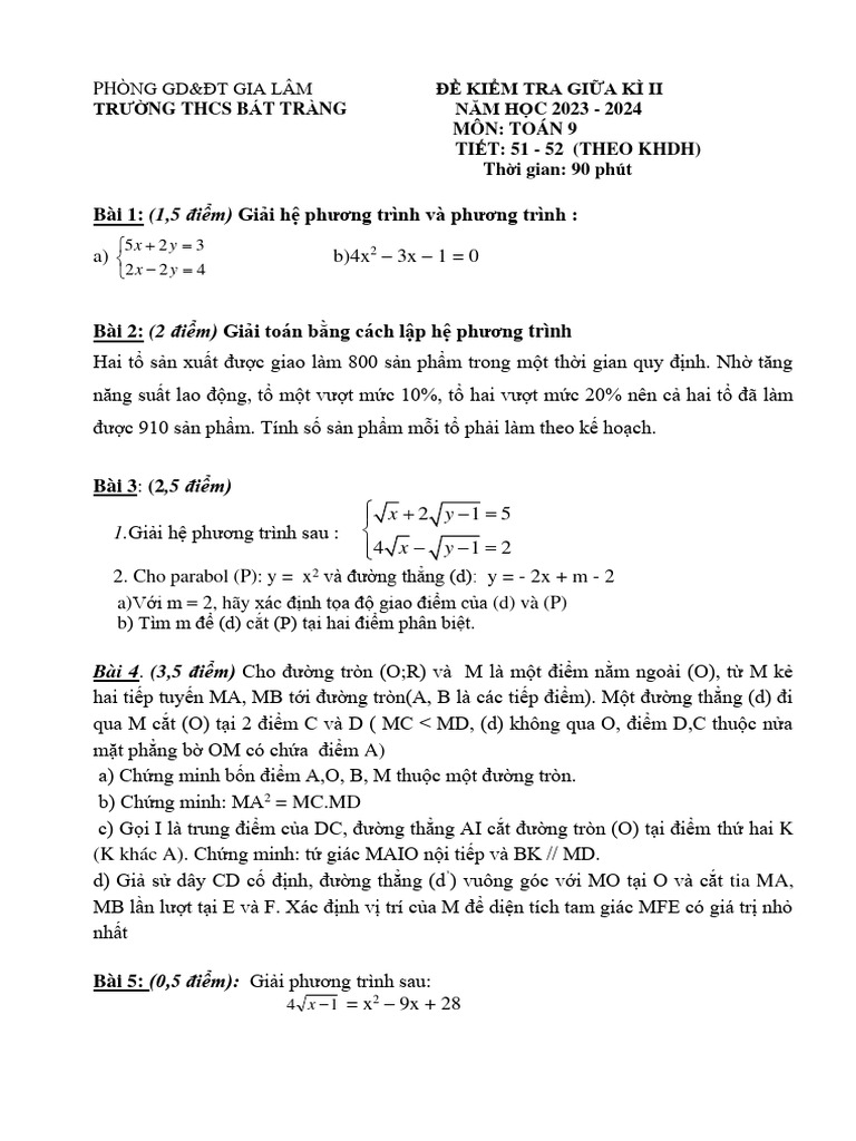 De Giua Ki 2 Toan 9 Nam 2023 2024 Truong Thcs Bat Trang Ha Noi | PDF