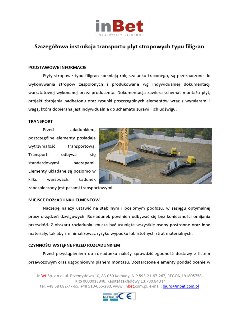 Inbet Szczegolowa Instrukcja Transportu I Montazu Plyt Stropowych | PDF