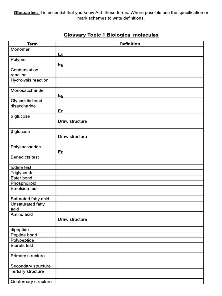 Biology Topic 1 Glossary | PDF