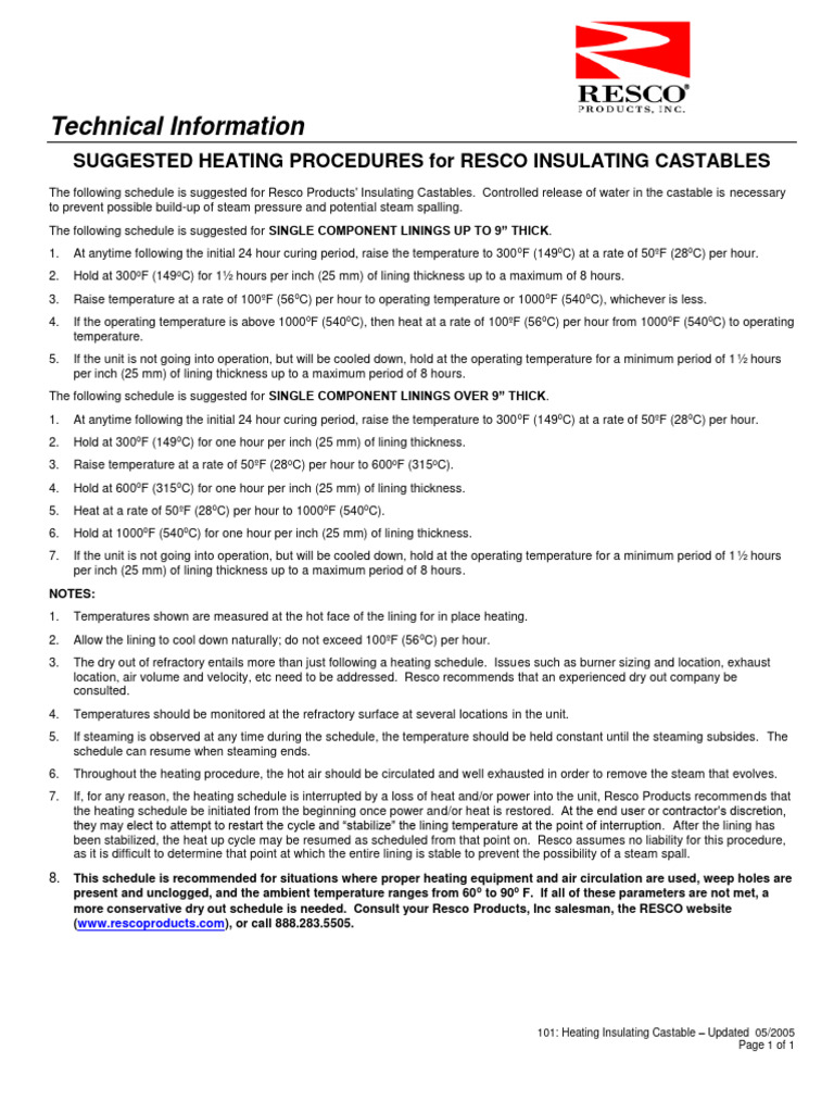101 Heating Procedures Insulating Castables | PDF | Temperature | Heat