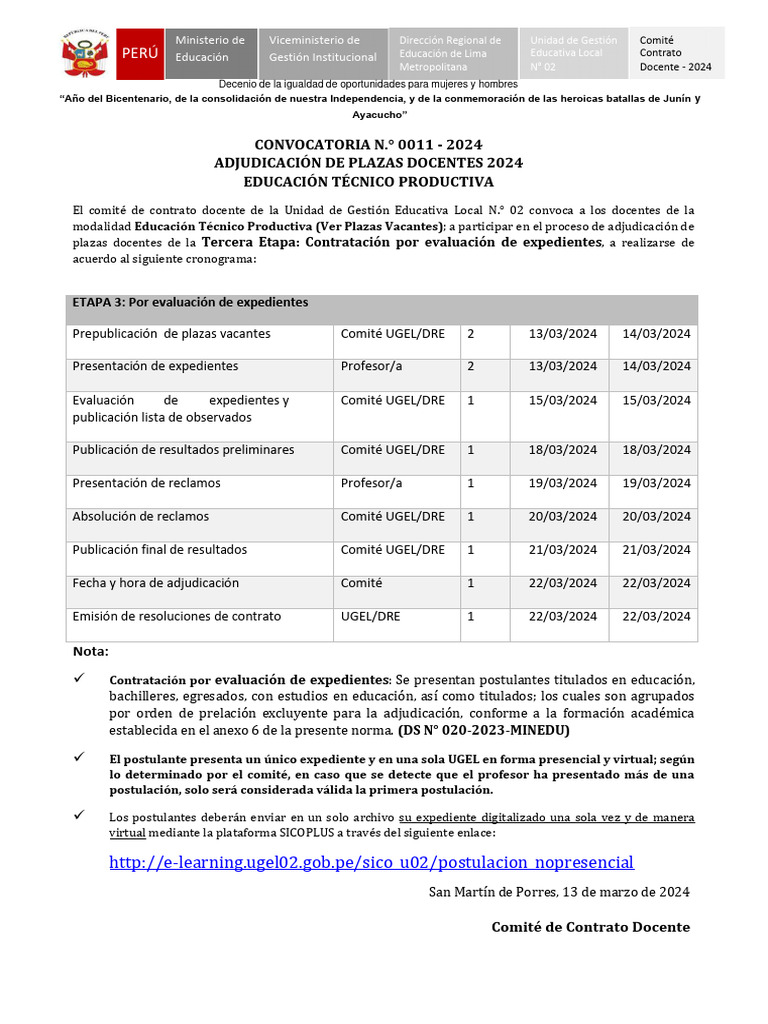 Convocatoria Ndeg 011 - 2024 Etp | PDF