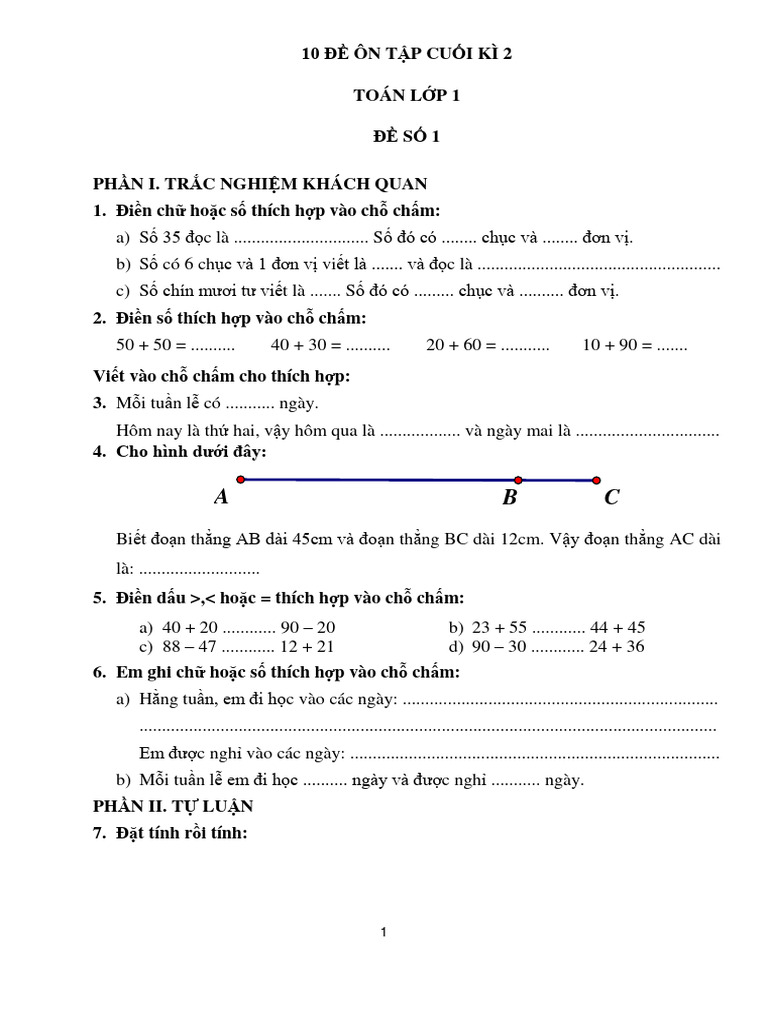 10 Đề Toán Ck2 Lớp 1 PDF | PDF