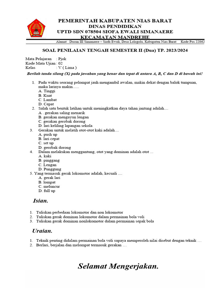 Soal Ujian Pjok Kelas 5 SD | PDF